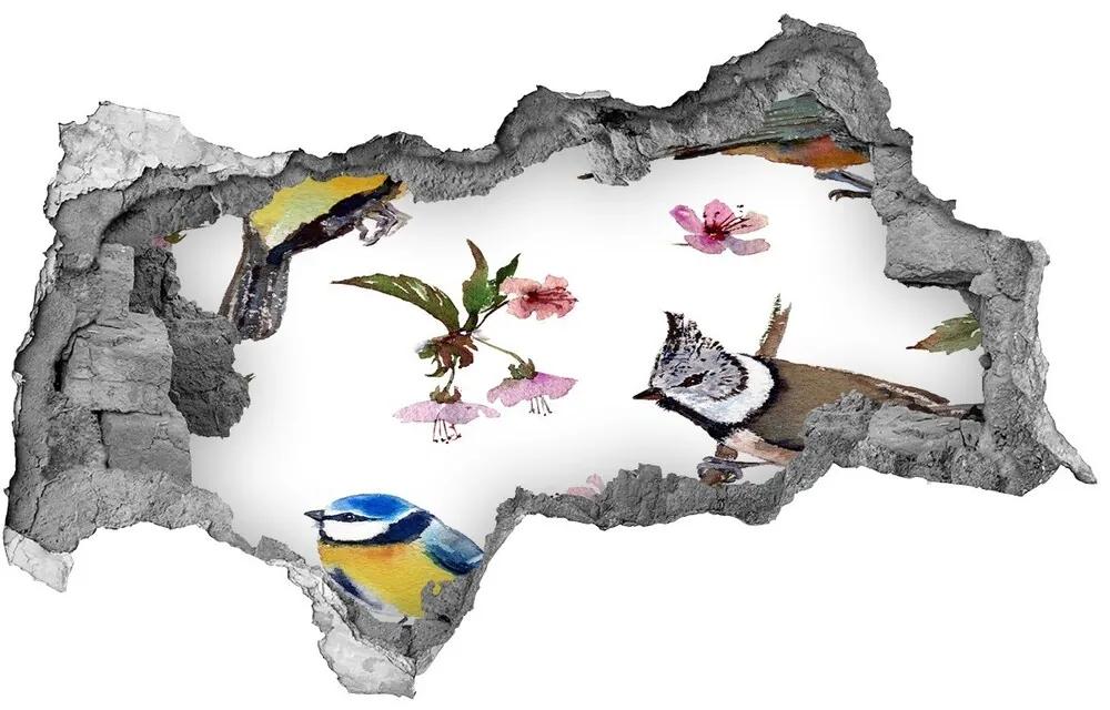 Wallmuralia Samolepící díra na stěnu Ptáci květy višně 95x73 cm