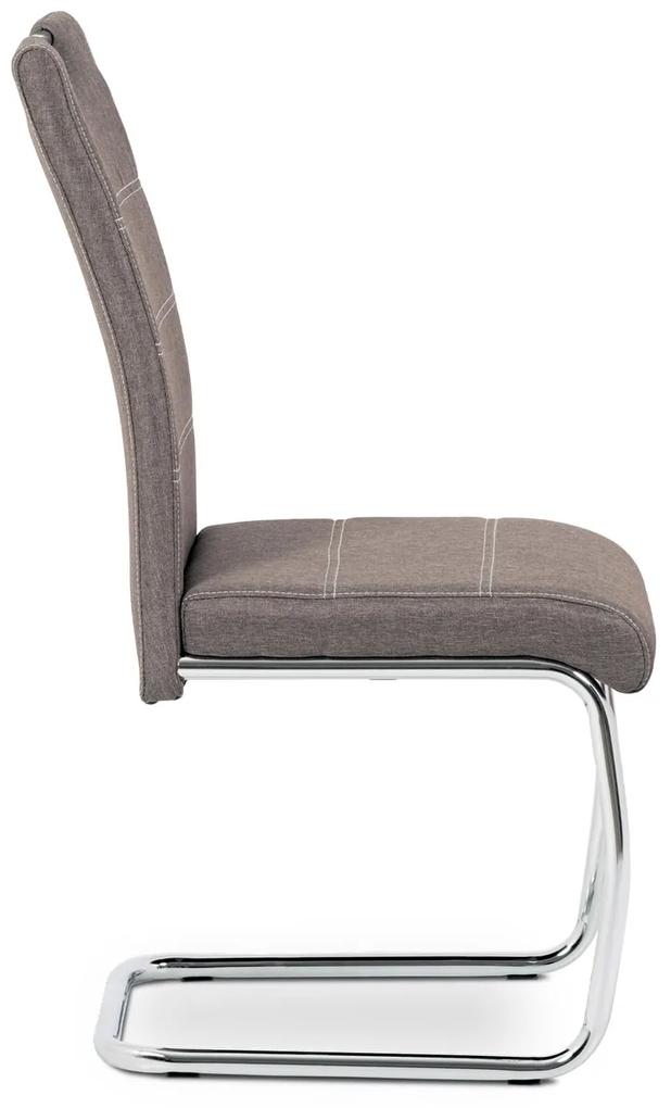 AUTRONIC Jídelní židle, potah coffee látka, bílé prošití, kovová chromovaná pohupová podn