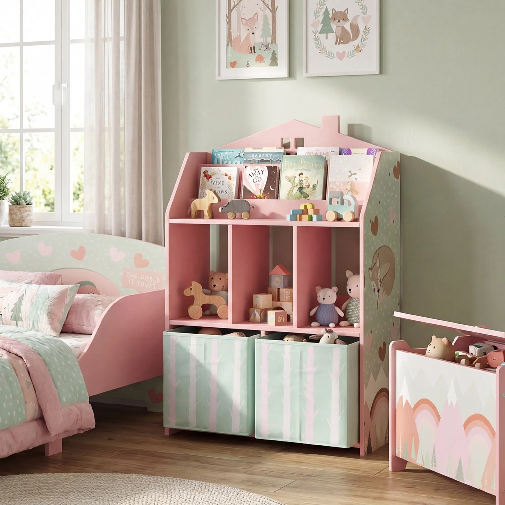 AIYAPLAY Dětský regál se 2 látkovými zásuvkami otevřený Regál pro 3-8 let 62,5x30x91,5 cm Růžový