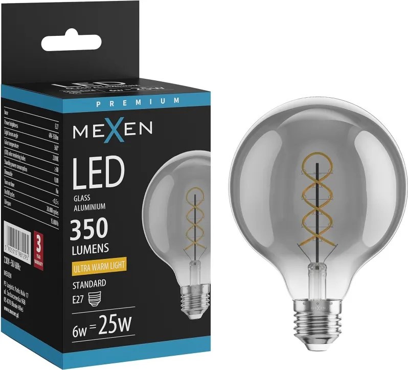 Mexen Vintis, LED žárovka spirála E27, G95, 6W, Teplá - 2200K, 350 lm, kouřová - L167-E27-0622-70