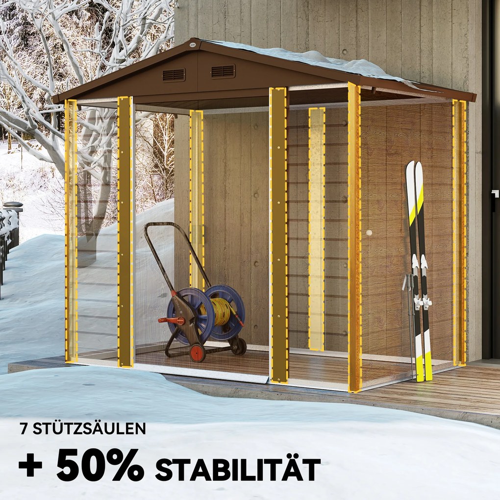 Outsunny Kovový Zahradní Kůlna s Dřevěným Vzhledem 3 m² 152 x 235,7 x 208,7 cm Sklad pro Nástroje s Šikmou Střechou, Okny a Dvoubarevnými Posuvnými D…