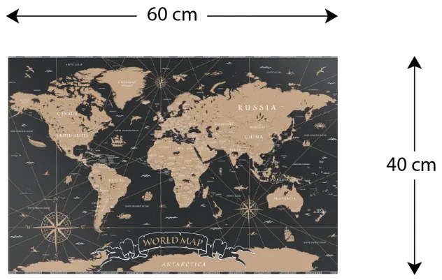 ALLboards magnetický obraz na stěnu bez rámu 60 x 90 cm - fotoobraz černá mapa světa