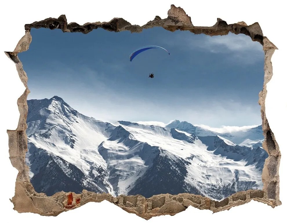 Wallmuralia Díra 3D ve zdi nálepka Paragliding Alpy 95x64 cm