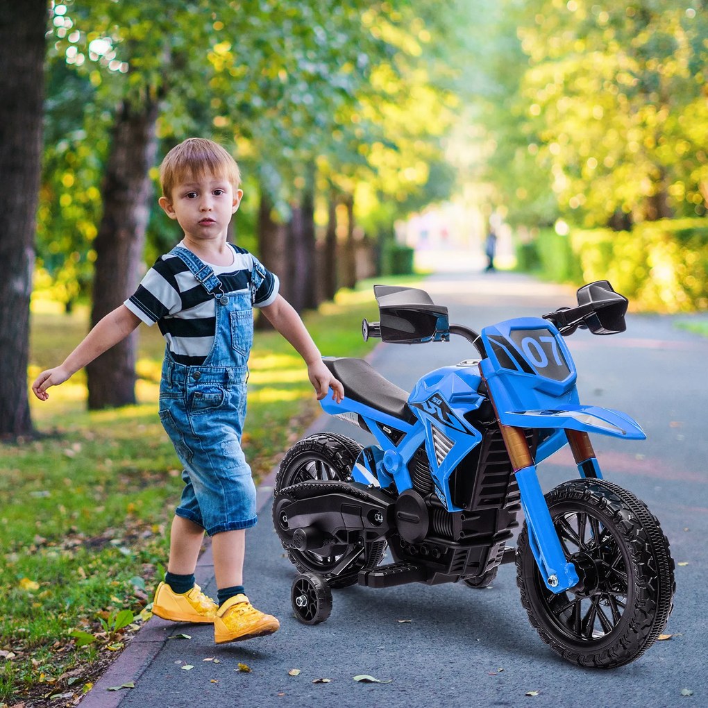 AIYAPLAY Elektrická motorka pro děti 3+ let, 12V, bateriová motorka s tréninkovými kolečky, twist throttle a klakson, nosnost 30 kg, modrá | Aosom