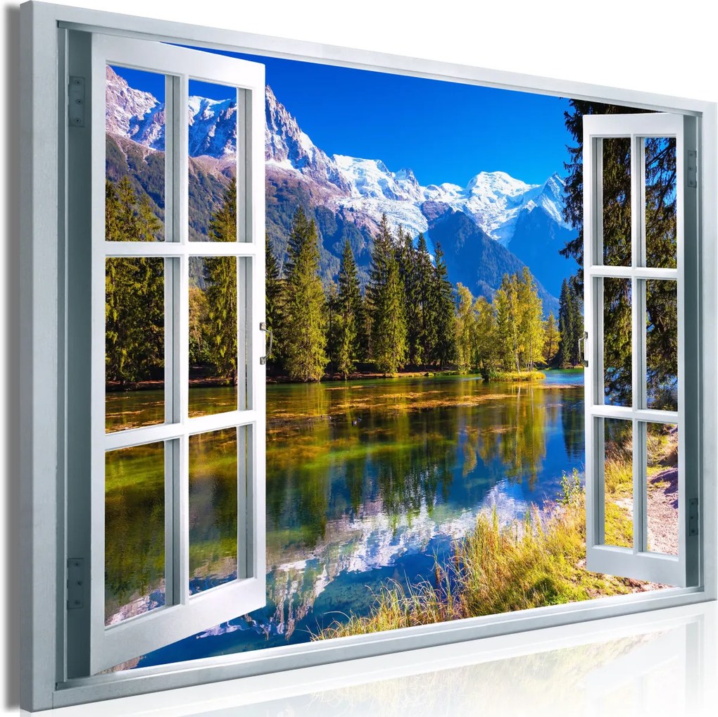 3D obraz okno ráno v horách + háčky, hřebíčky ZDARMA Velikost (šířka x výška): 90x60 cm