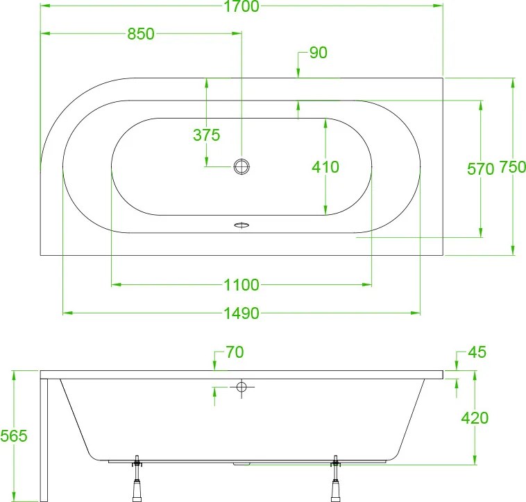 BPS-koupelny Akrylátová asymetrická vana s krycím panelem EBI 170L 170x75 cm LEVÁ, bílá/chrom