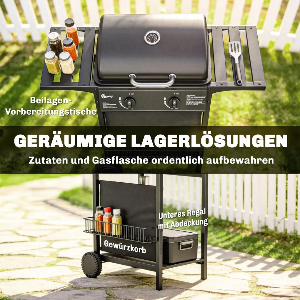 Plynový gril 5 KW 2 hořáky BBQ grilovací vozík z nerezové oceli včetně bočního stolku spodní koš přední kryt teploměr smaltovaný grilovací rošt