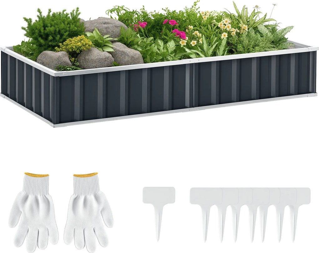 Outsunny Městská zahrada 174x90x30 cm Ocelový zahradní záhon včetně rukavic Obdélníkový květináč pro plodiny, rostliny a květiny na terasu, balkon a v