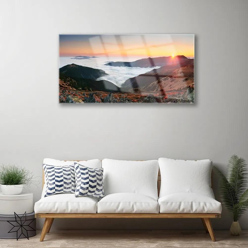 Obraz na skle Hory Mraky Slunce Krajina 125x50 cm