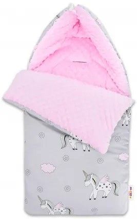 Bavlněný fusak Baby Nellys, minky, Jednorožec, 45 x 95 cm - šedý/minky růžová