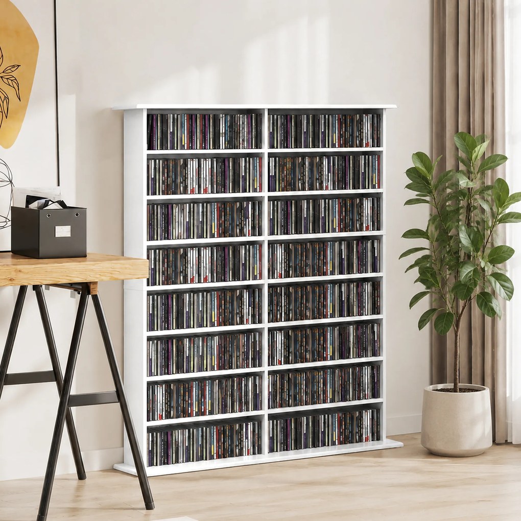 HOMCOM Mediální police, 8 úrovní, DVD police s 12 nastavitelnými policemi, 16 přihrádek, pro 720 CD, bílá