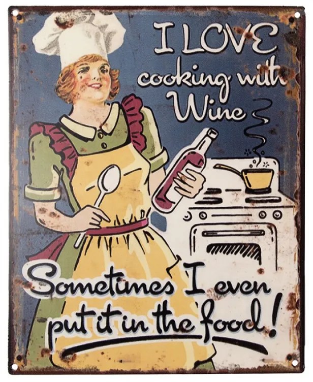 Béžovo-modrá nástěnná kovová cedule I love cooking with wine – 20x25 cm