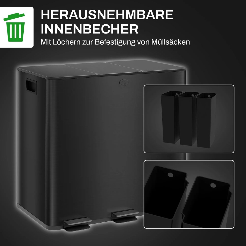 HOMCOM Odpadkový koš 3 x 15 l pedálový s víkem a nožním pedálem, nerezový odpadkový koš s vnitřním košem do obývacího pokoje a kanceláře 61,9 x 36,6 …
