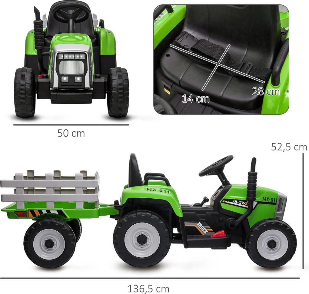 HOMCOM Elektrický traktor s přívěsem, dětské elektrické autíčko na dálkové ovládání, dětský traktor s funkcí MP3, světlomety