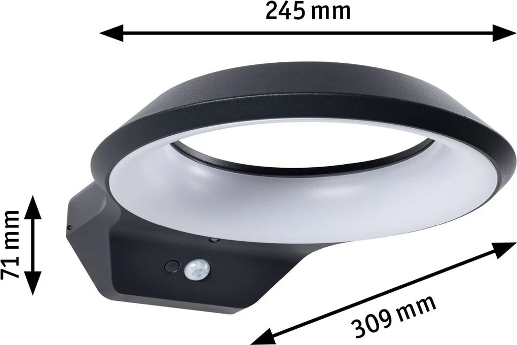 P 94837 LED venkovní nástěnné svítidlo Anela pohybové čidlo neláká hmyz IP44 245x309mm 2200K 12W 230V antracit hliník - PAULMANN