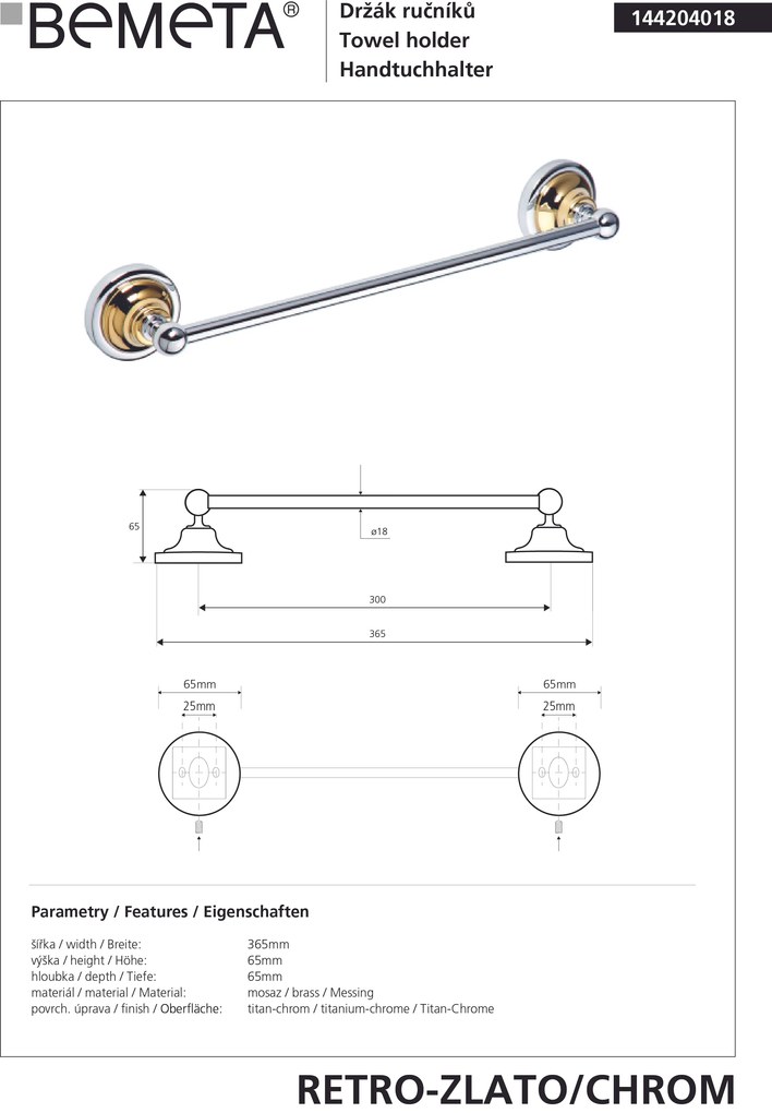 Bemeta Design RETRO gold-chrom: Držák ručníků, 300 mm -