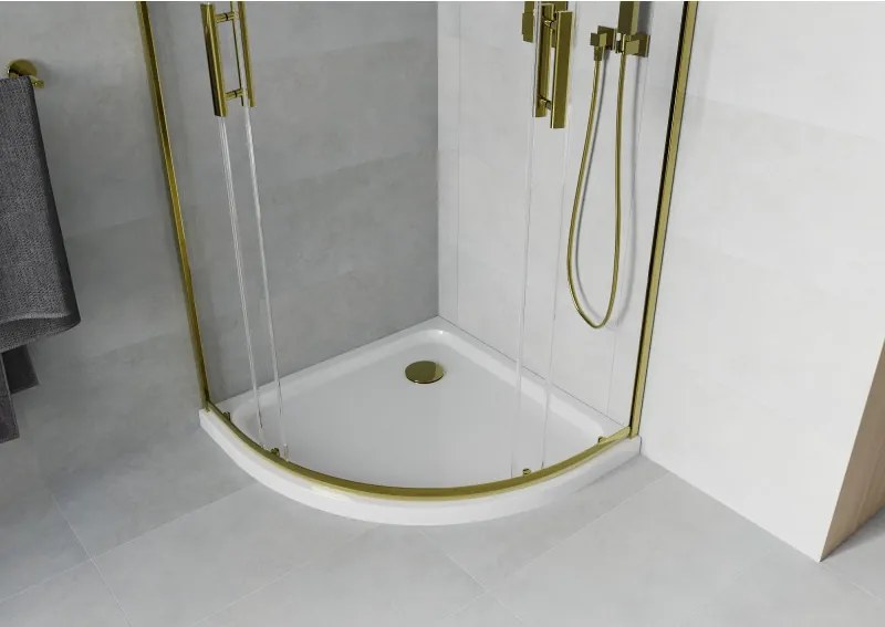 Mexen Rio, čtvrtkruhový sprchový kout s posuvnými dveřmi 80 (dveře) x 80 (dveře) x 190 cm, 5mm čiré sklo, zlatý profil + bílá sprchová vanička SLIM, 863-080-080-50-00-4110G