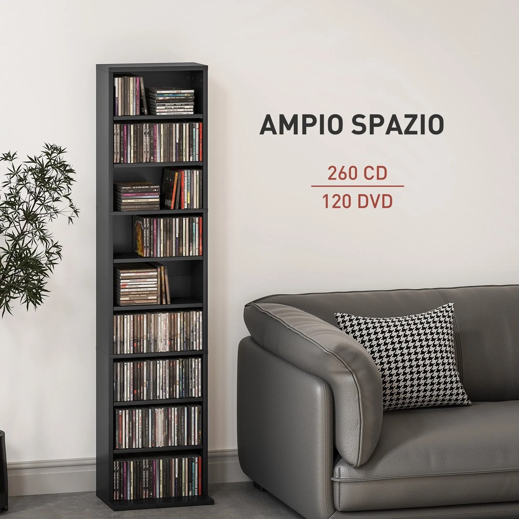 HOMCOM knihovna s 9 policemi pro 260 CD, moderní design, CD regál z dřevotřísky, 33x24x140 cm, černá