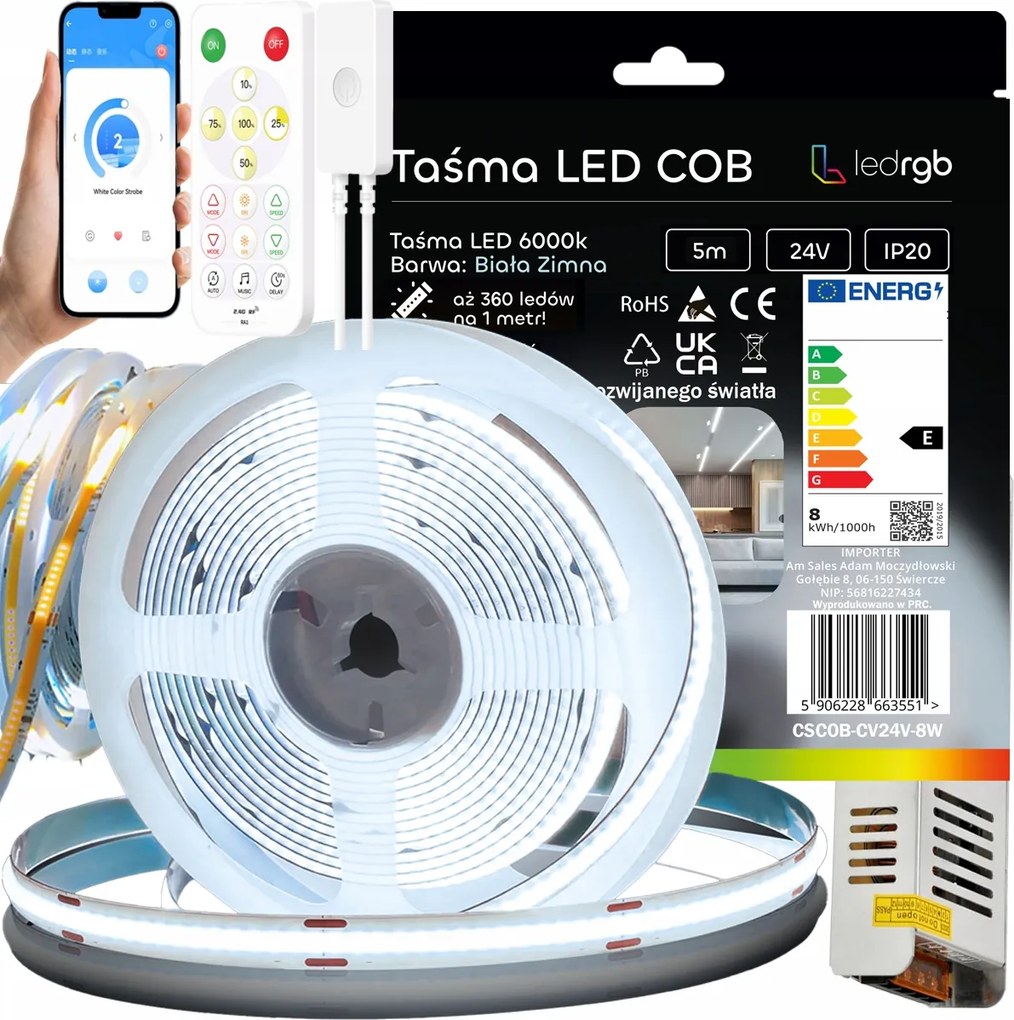 Set Led Páska Cob 5m 24V 360d Bílá Studená 6000K Digitální Dálkový Ovladač Aplikace