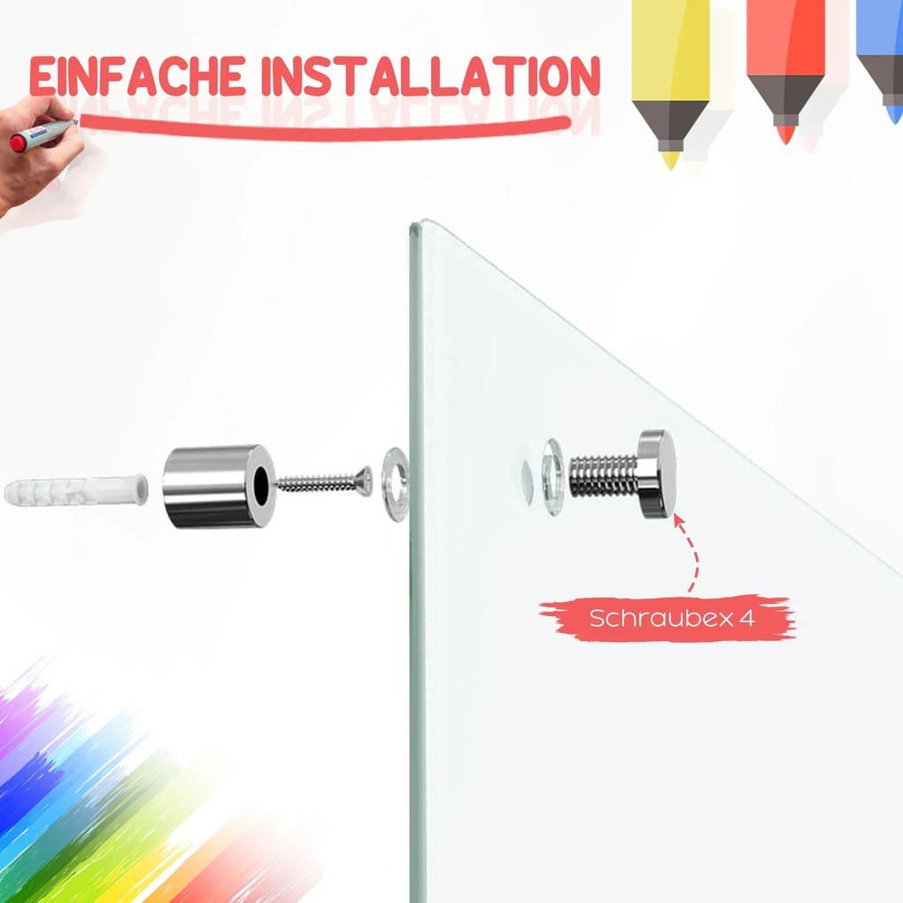 Magnetická tabule Vinsetto 90x60cm se 4 pery, 6 magnety, 1 houbičkou a poličkou, stojanová skleněná tabule k montáži na zeď