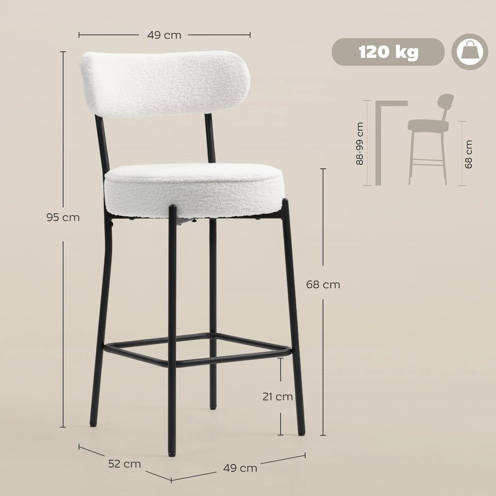 HOMCOM Set 2 barových židlí z bouclé látky, barová židle s zakřiveným opěradlem, opěrka nohou, 49x52x95 cm, krémové