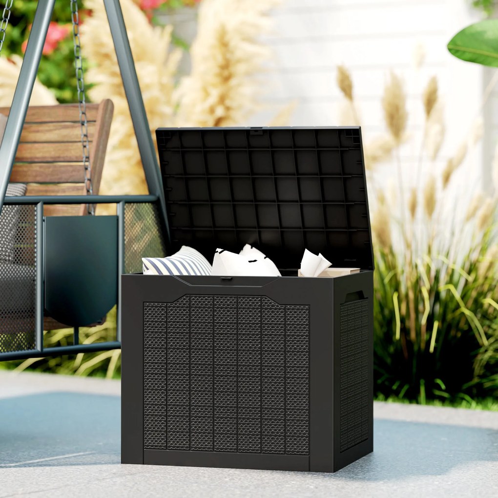 Zahradní úložný box Outsunny 93L s zapuštěnými madly, voděodolný venkovní box pro zahradní a terasové úložení, 56 x 41 x 50 cm, černý | Aosom