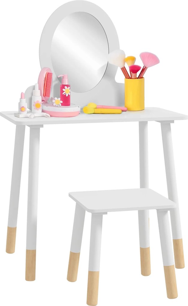 AIYAPLAY Dětský toaletní stůl se stoličkou – Dětský make-up toaletní stůl pro dívky od 3 let s bezpečným zrcadlem – Jednoduchý bílý design | Aosom