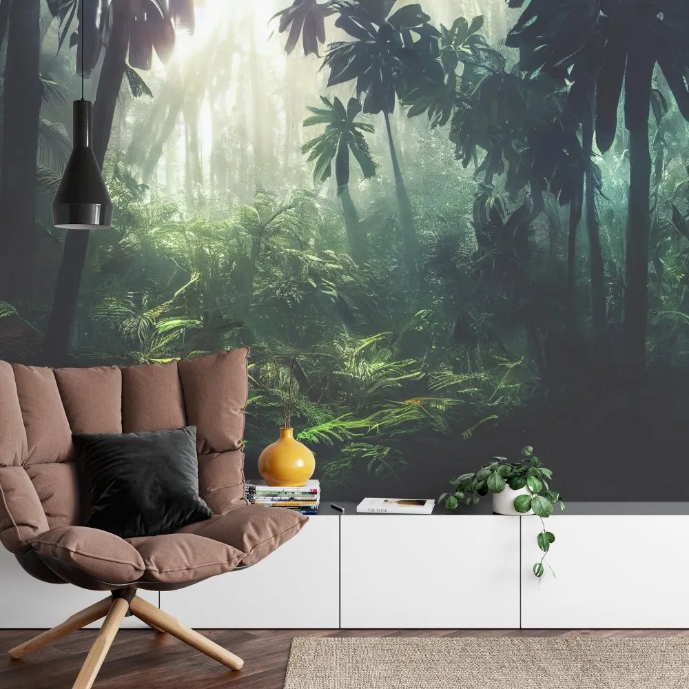 Fototapeta Dark Rainforest, Sun Rays Through The Trees, Rich Jungle Greenery. Atmospheric Fantasy Forest. 3D . Hladký vinyl 104x70.5