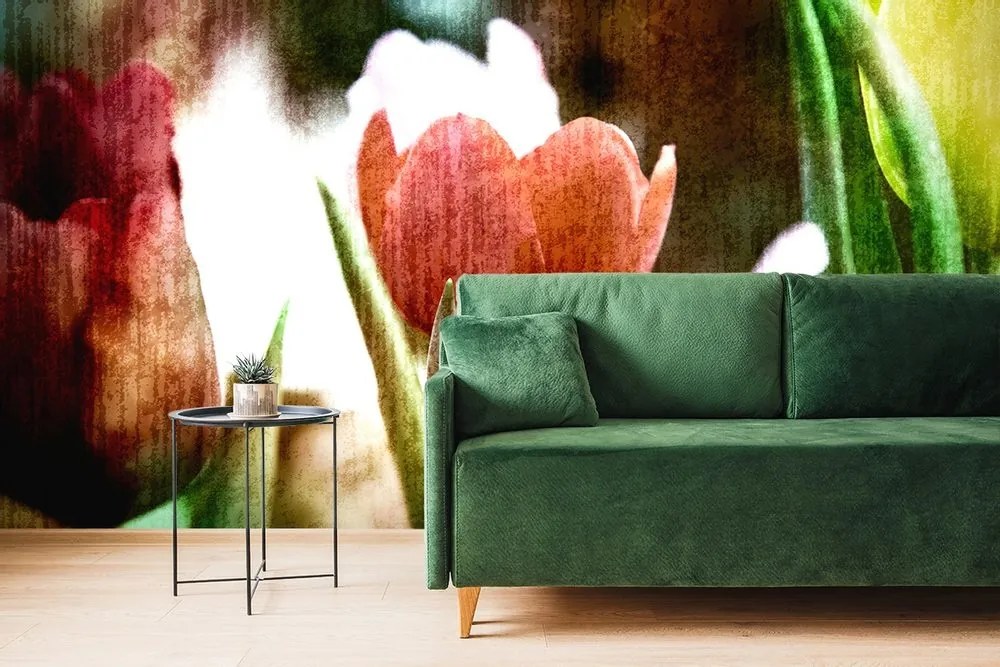 Samolepící tapeta louka tulipánů v retro stylu - 225x150 cm