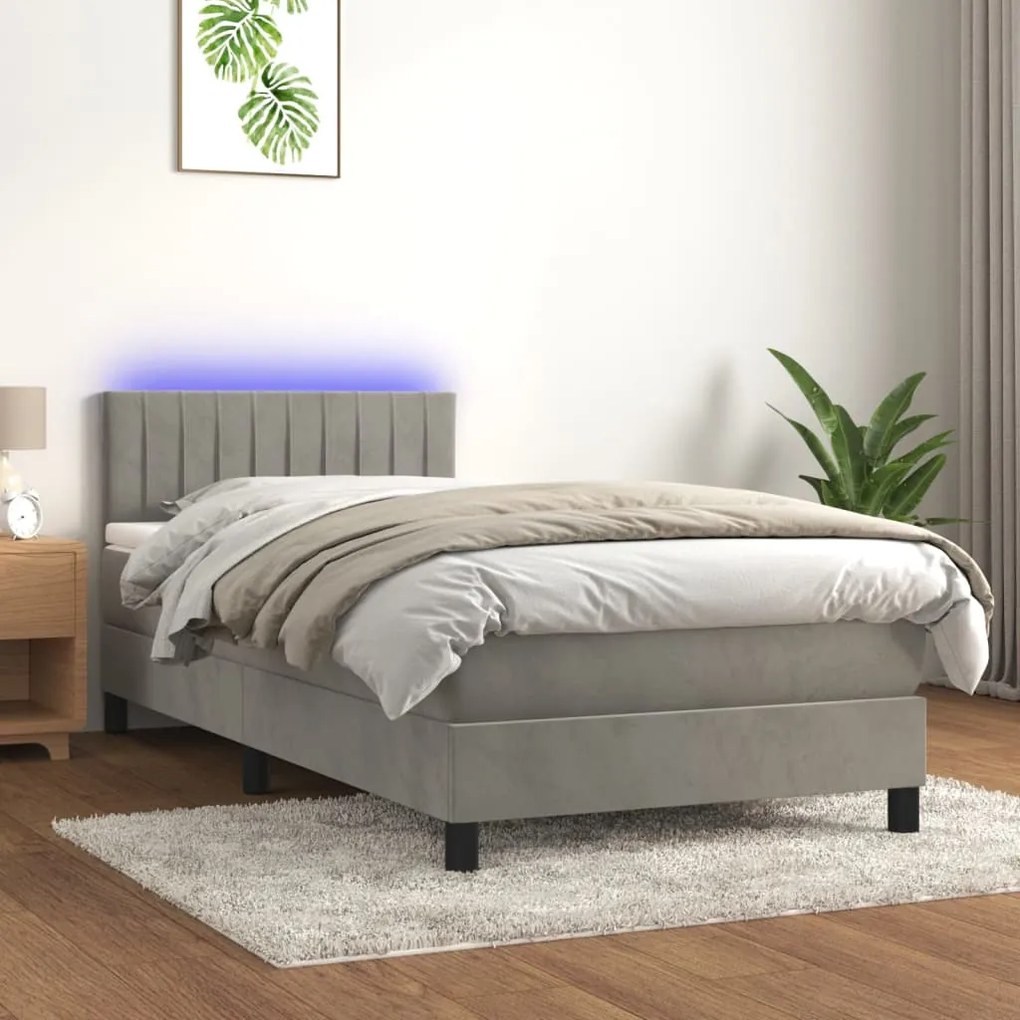Box spring postel s matrací a LED světle šedá 100x200 cm samet
