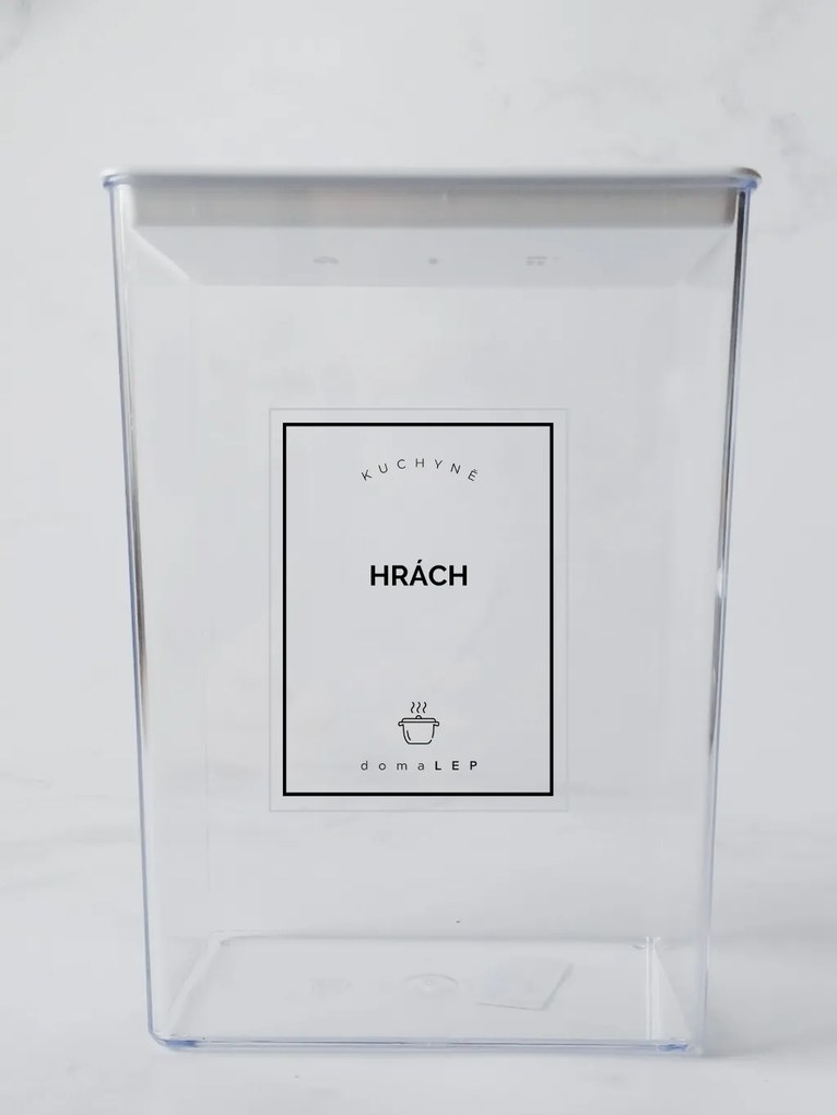 HRÁCH – průhledná samolepka na dózu, tučné písmo, 6 × 8 cm | DomaLEP
