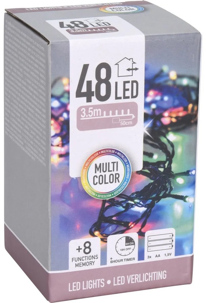 LED Vánoční venkovní řetěz barevná,  48x LED, 3,5 m, na baterie 3x AA, časovač, 3 m
