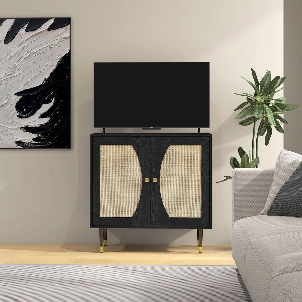 HOMCOM Buffet Skříňka s Dvojitými Dveřmi v Boho Stylu, 2 Úrovně, Ratanový Přední Panel 80 x 38 x 79 cm Černá