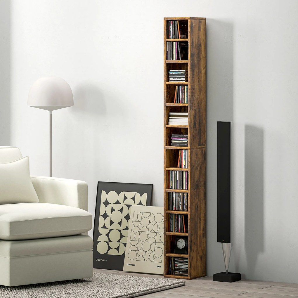 HOMCOM stojan na CD/DVD, vysoký regál se 12 přihrádkami, pojme až 204 disků, rustikální hnědá — 175 × 21 × 20 cm