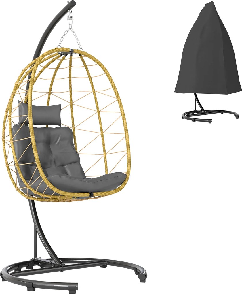 Závěsné Křeslo Outsunny do 150 kg s Skládacím Košem a Polstry, Zahradní Houpací Křeslo z Oceli a PE Rattanu, 102x102x195 cm, Černá, Šedá a Béžová | Ao