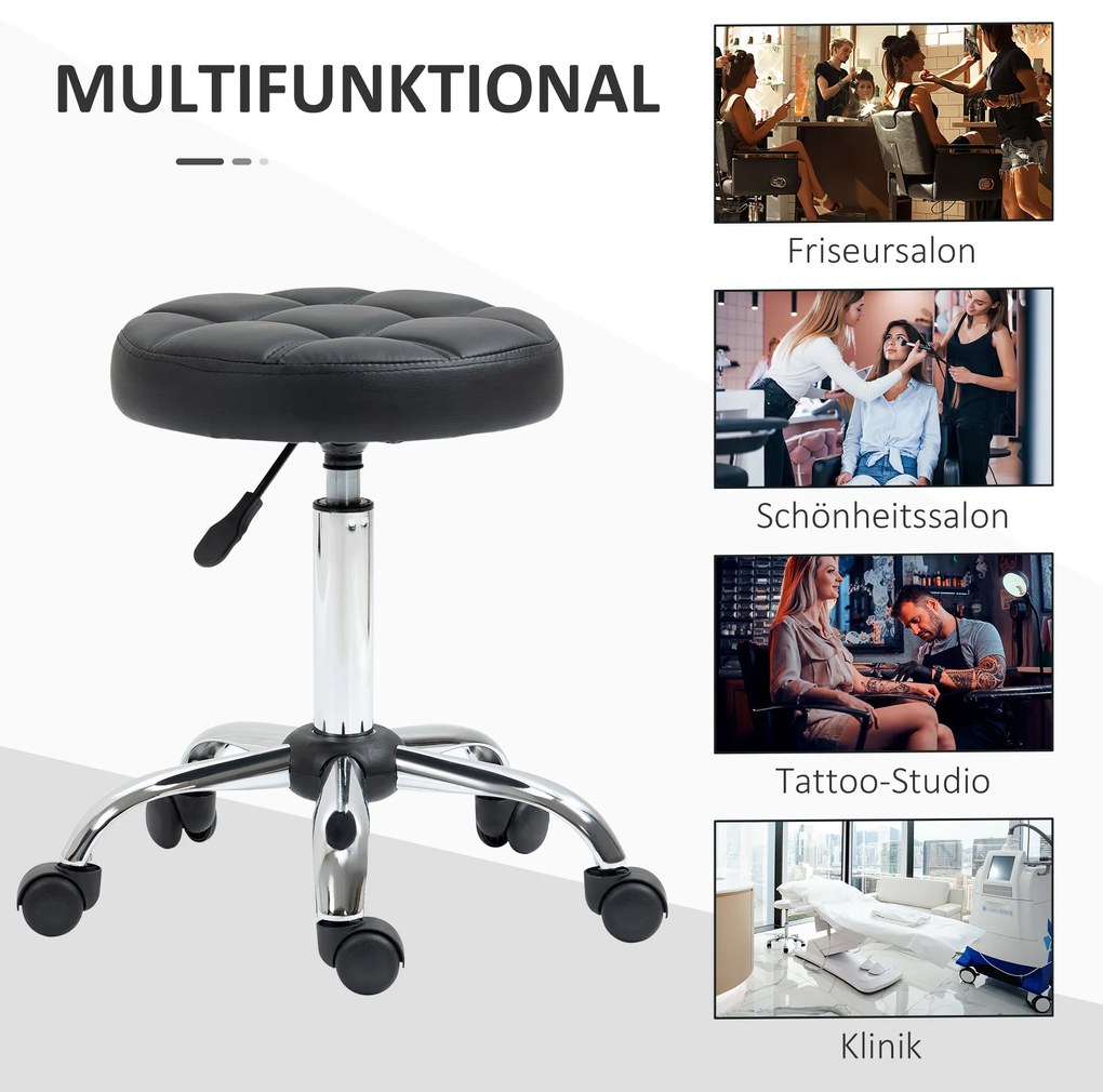 HOMCOM Vinsetto Roll Stool Výškově nastavitelná otočná pracovní stolička černá Ø35,5 cm, umělá kůže pro kancelář a salon 51-67 cm | Aosom.de