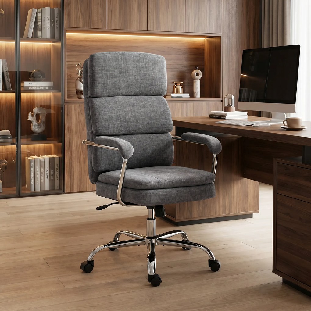 HOMCOM ergonomická kancelářská židle z chenillu s polstrovanými loketními opěrkami, nastavitelná výška a sklon, 360° otočná, šedá