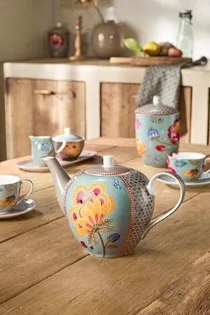 Pip Studio Blooming Tales velká čajová konvice 1,6 l, modrá-khaki (Čajová konvice z tenkostěnného porcelánu)