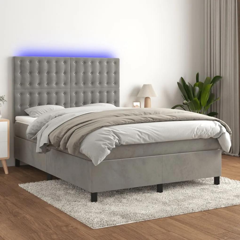 Box spring postel s matrací a LED světle šedá 140x190 cm samet,  3136359