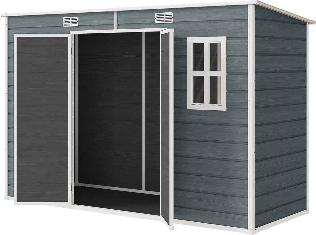 Outsunny zahradní domek 3,2 m² (303 × 123 × 197 cm) — plastový skladovací domek s okny, dvoukřídlými dveřmi, uzamykatelným větráním a podlahou ve vzhl