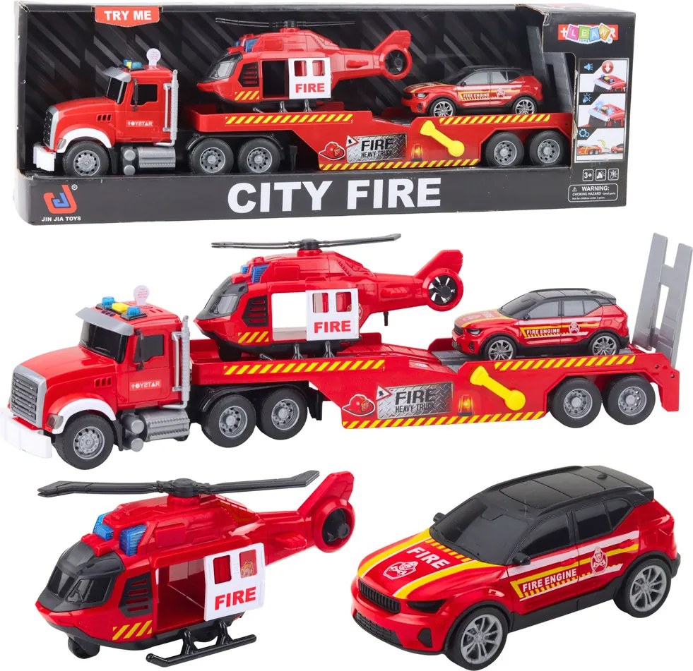 LEAN Toys Hasičský karavan Vrtulník Světla auta Zvuky Červená
