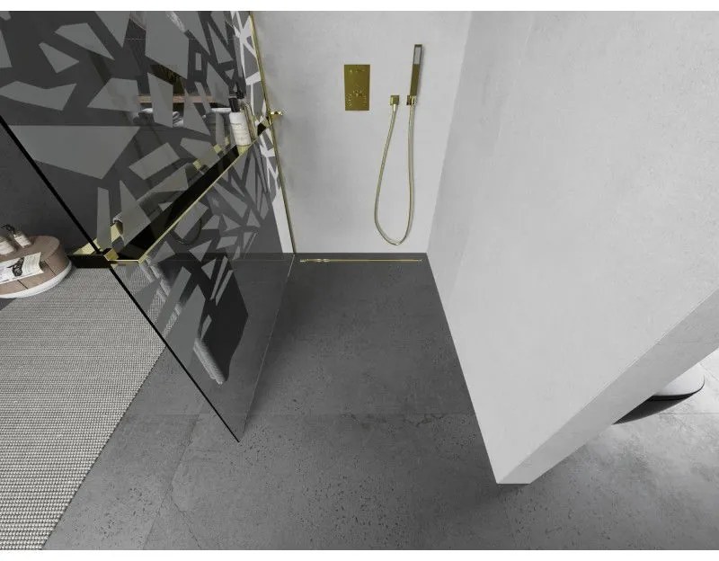 Mexen Kioto+ L, sprchová zástěna Walk-In s poličkou a ramínkem 110 x 200 cm, 8mm čiré sklo bílý vzor, zlatý lesklý profil, 800-110-123-50-85