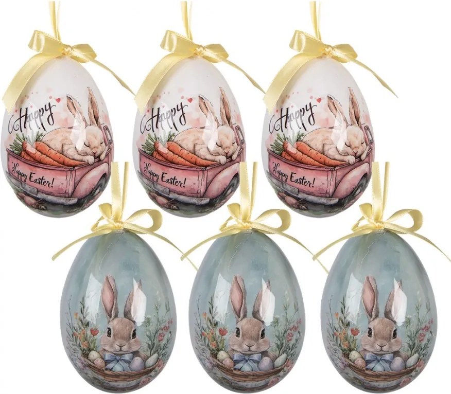 6ks dekorace bílé a modré závěsné vajíčko s králíčky Spring Egg - Ø 7*10 cm