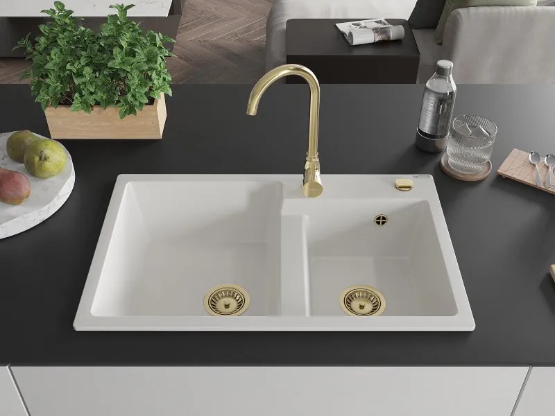Mexen Tomas, granitový dřez 800x500x190 mm, 2-komorový, bílá se zlatým sifonem, 6516802000-20-G