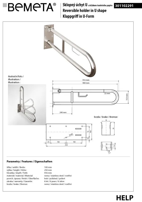 Bemeta Design HELP: Madlo, 900 mm, ve tvaru U, s držákem TP, sklopné, bez krytky, nerez, lesk - 301102291