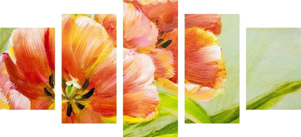 5-dílný obraz červené tulipány ve vintage provedení - 200x100 cm