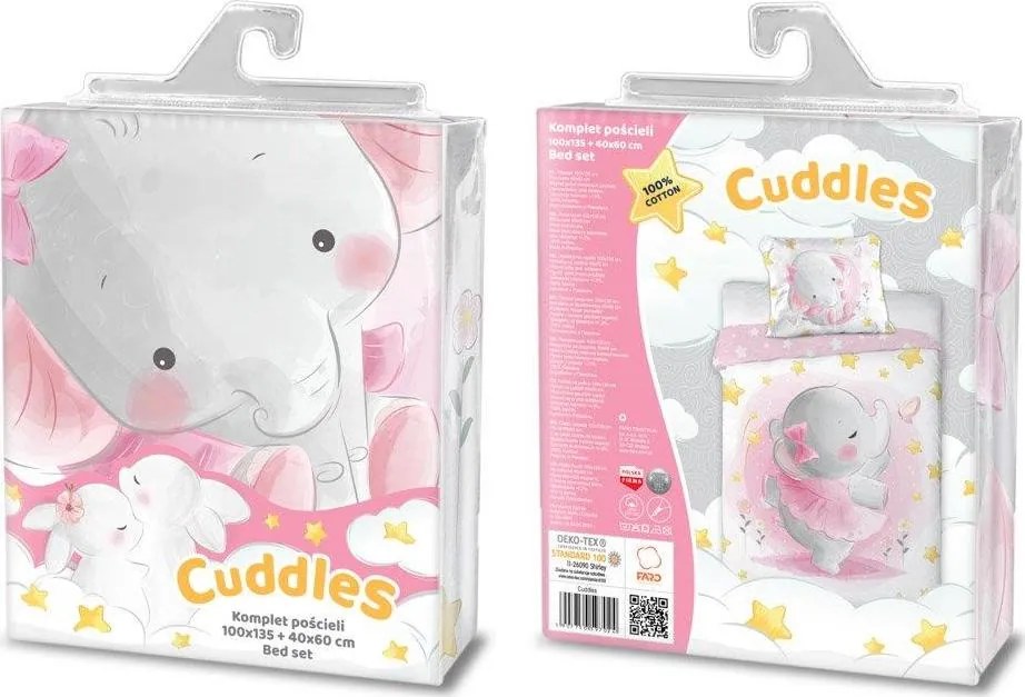 Dětské bavlněné povlečení do postýlky 135x100 cm CUDDLES - Slůně - růžové