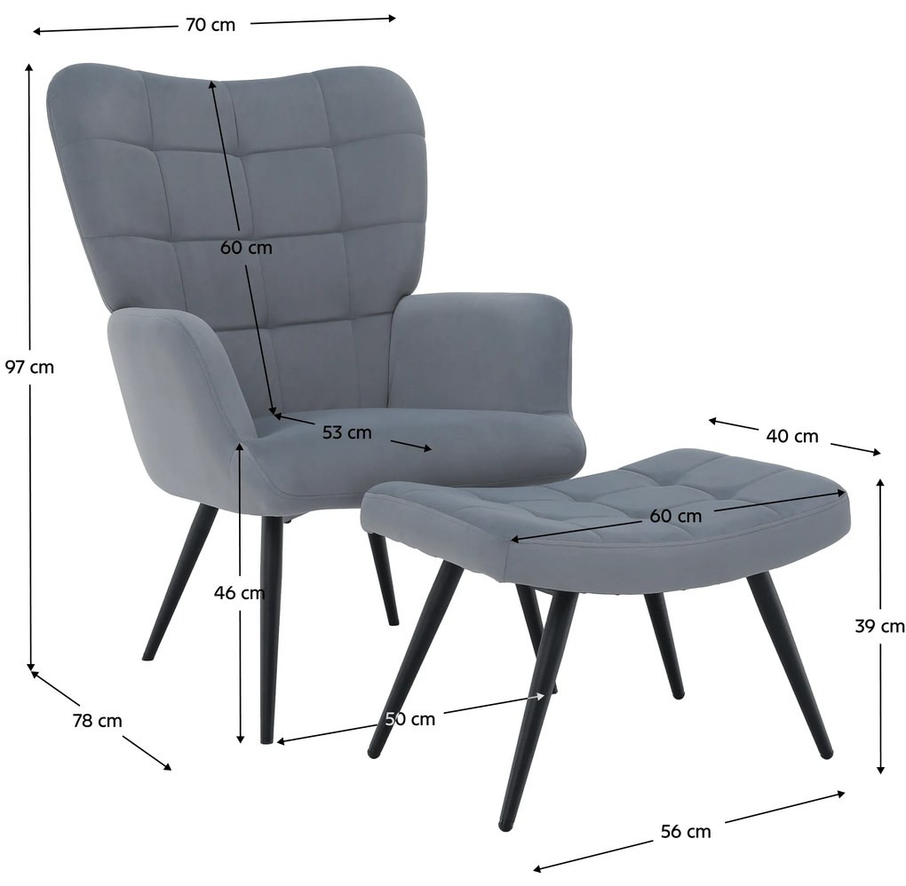 Relaxační křeslo ušák s podnožkou LUMEN - šedá Velvet látka