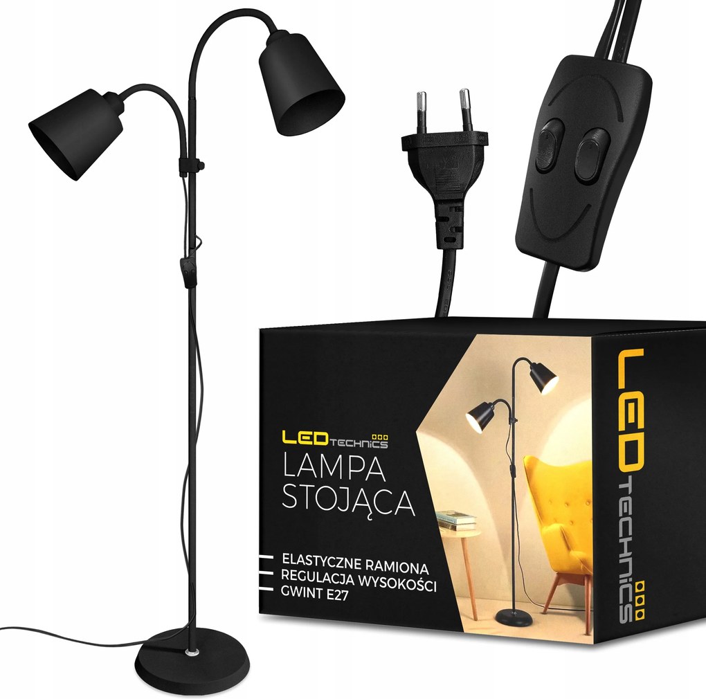 Stojací lampa podlahová černá nastavitelná 170 cm na 2x E27 Led vypínač