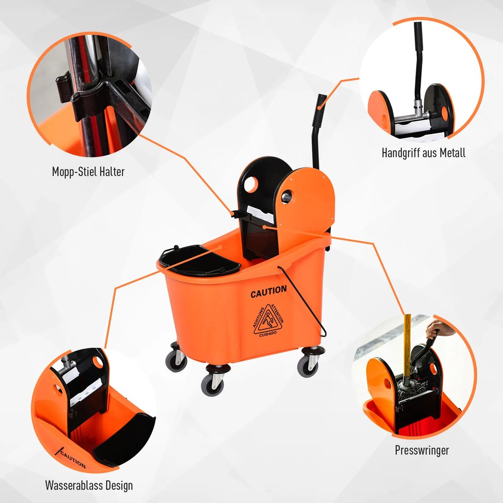 HOMCOM Úklidový vozík s košem na kolečkách a ždímačkou 36 l černý/oranžový 54x41x91,5 cm pro profesionální úklid